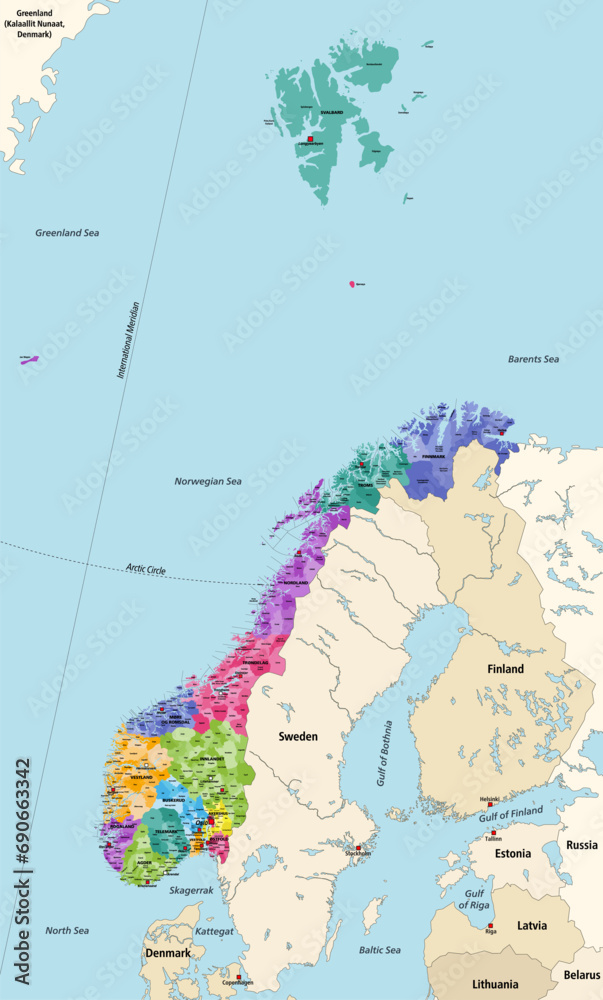 Norway municipalities high detailed vector map colored by ...