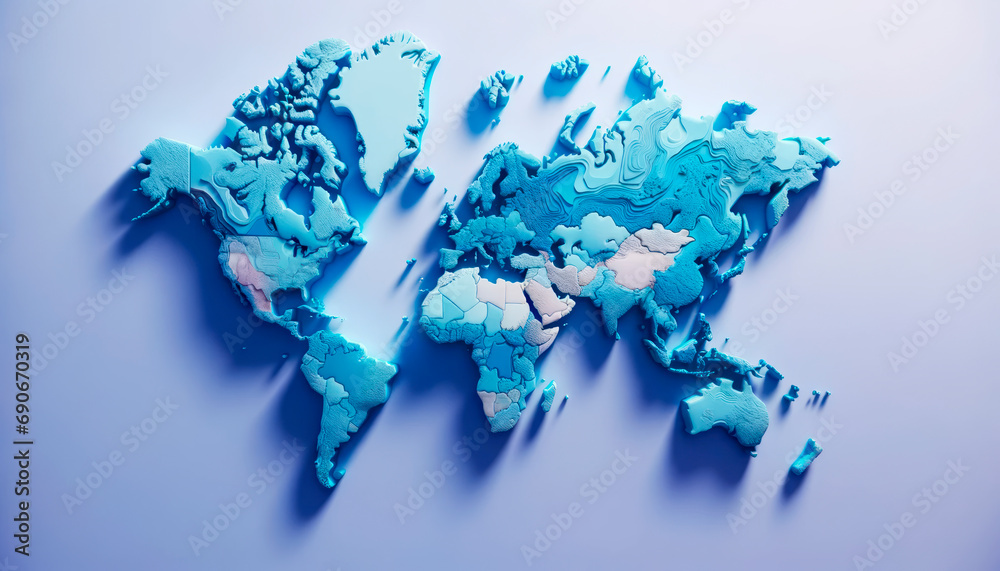Sculpted 3D world map in white and blue, floating on a gentle gradient ...