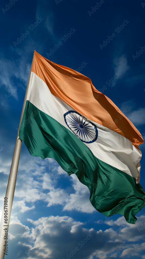 Beautiful tricolor Indian Flag waving under open sky for Indian Happy ...