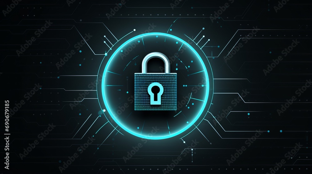 Padlock in neon glow on abstract chip pattern backdrop, symbolizing of ...