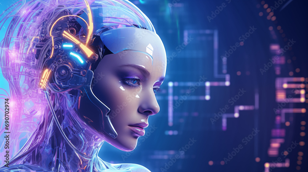 Innovative humanoid female face; concept of transhumanism and ...