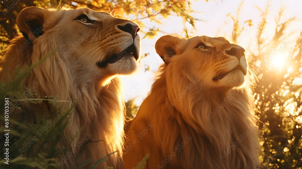 Lions, from below, side view, golden hour, on Agfa Vista Stock Photo ...