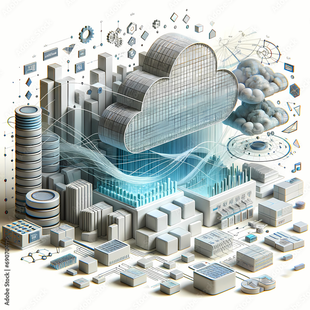 A 3D representation of processing while cleaning data, set against a ...