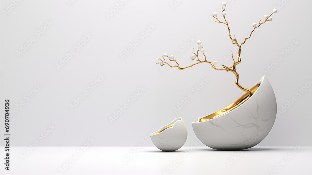 Fix a broken white Bowl with cracks and ikebana. Kintsugi: Japanese art ...