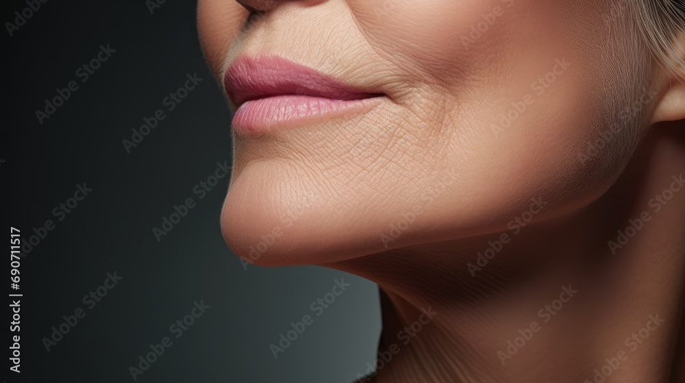 natural grace of aging with a close-up of wrinkles on the chin and neck ...