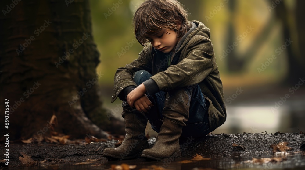 poignant image of a little boy, unhappy and alone amidst trees. Perfect ...