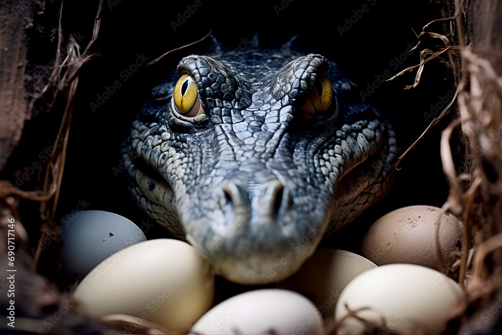 Large female crocodile guards group of eggs in her nest outdoor ...