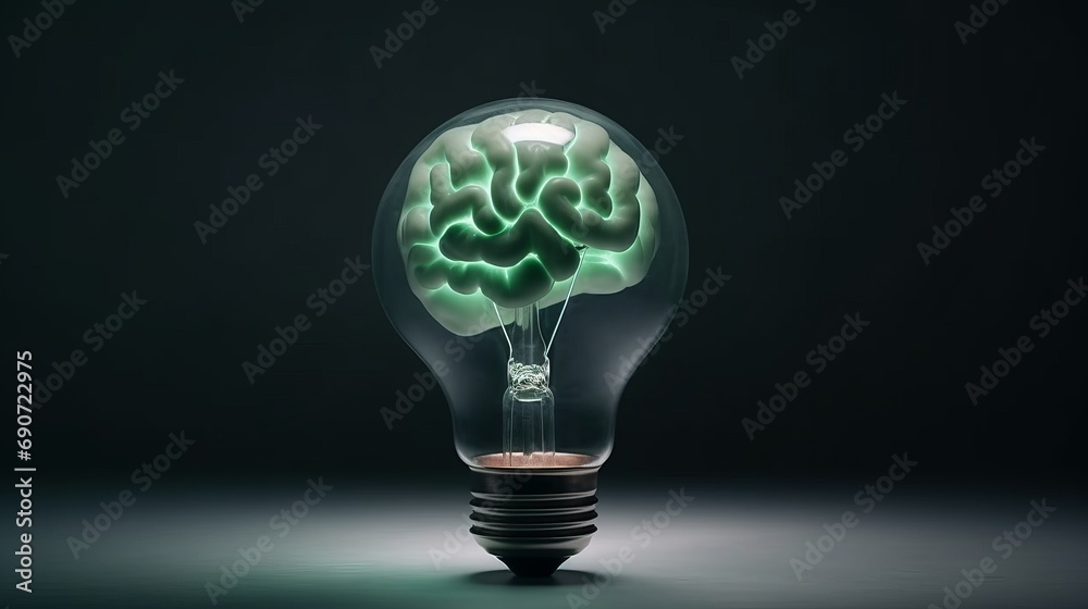 A lightbulb with a glowing brain inside. Conceptual visualization of ...