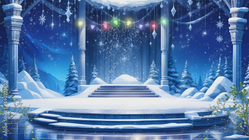 empty fantasy ice stage with winter decorations and falling snow ...