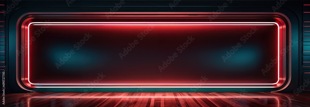 black wide rectangular screen in the wall with neon lighting around the ...