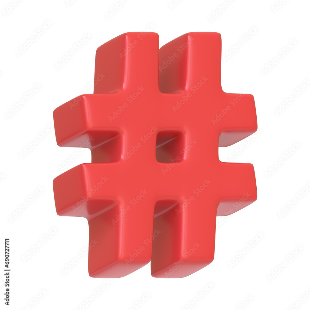 Red hashtag symbol isolated on white background. 3D icon, sign and ...