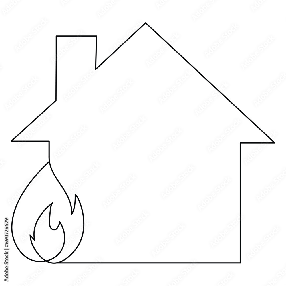 Burning house continuous one line hand drawing fire symbol and safety ...