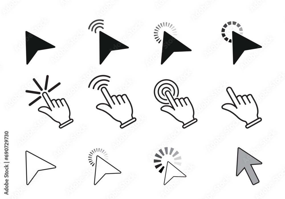 Hand clicking icon sets. Hand Cursor icon. Click icon sets. Mouse pointer sets. Computer mouse ...