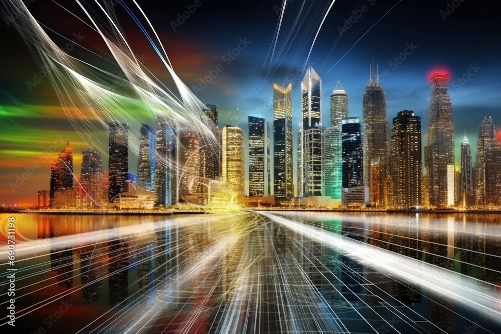 Future Skyline Rush: Light Trails Blaze Paths in a Smart Modern Mega ...