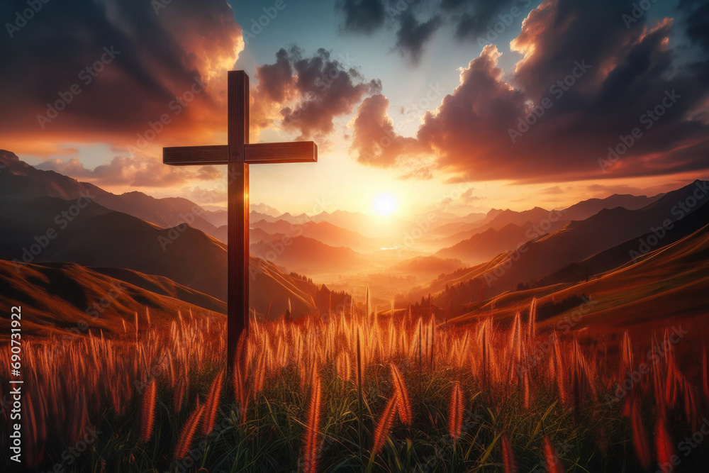 The cross standing on meadow sunset and flare background. Cross on a ...