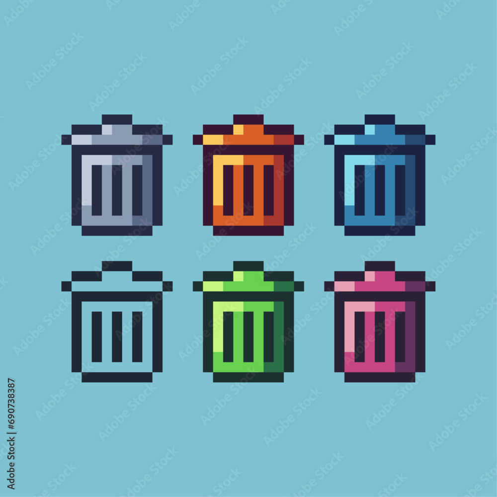 Pixel art sets of trash bin icon with variation color item asset. Trash ...