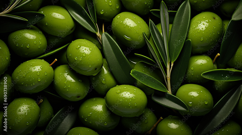 Fresh green olives group with olive tree leaves and glistening droplets ...