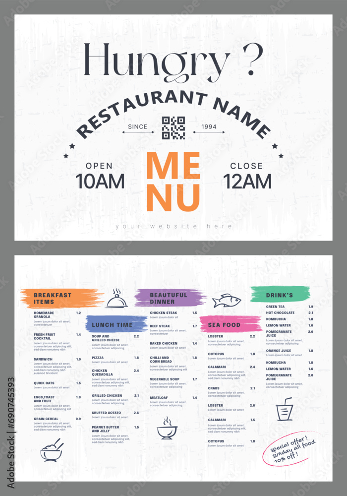 Restaurant cafe menu, template design. Two page food menu template. A3 ...