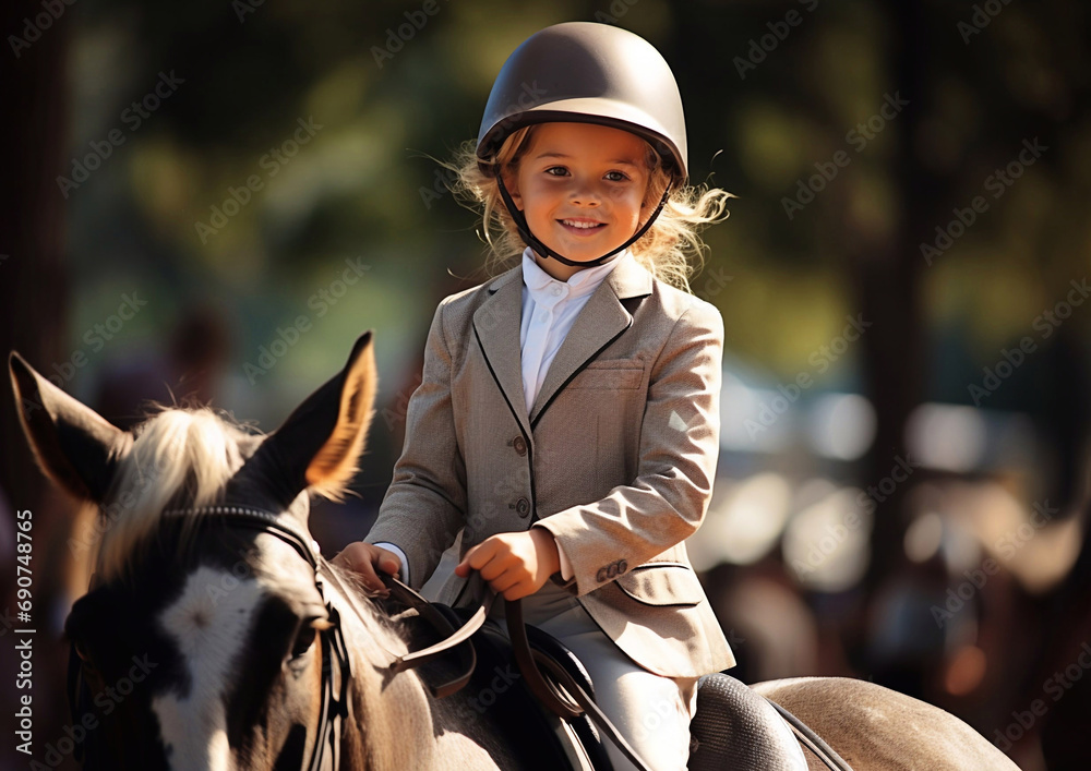 Cute little equestrian girl wearing large helmet and riding horse on ...