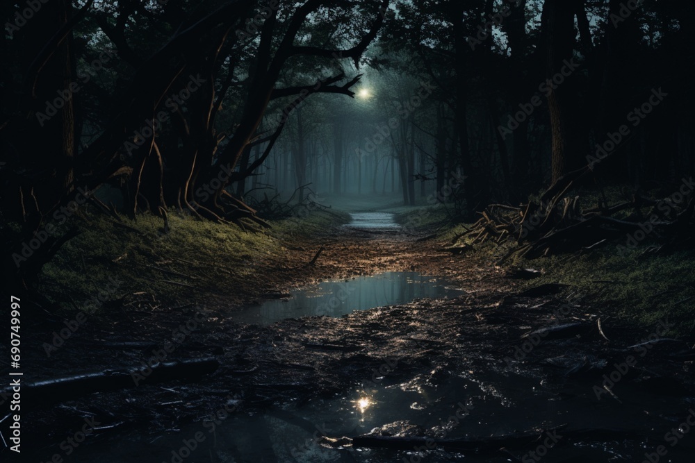 Droplet mirroring a moonlit forest path, with detailed trees and shadows in a mysterious ...