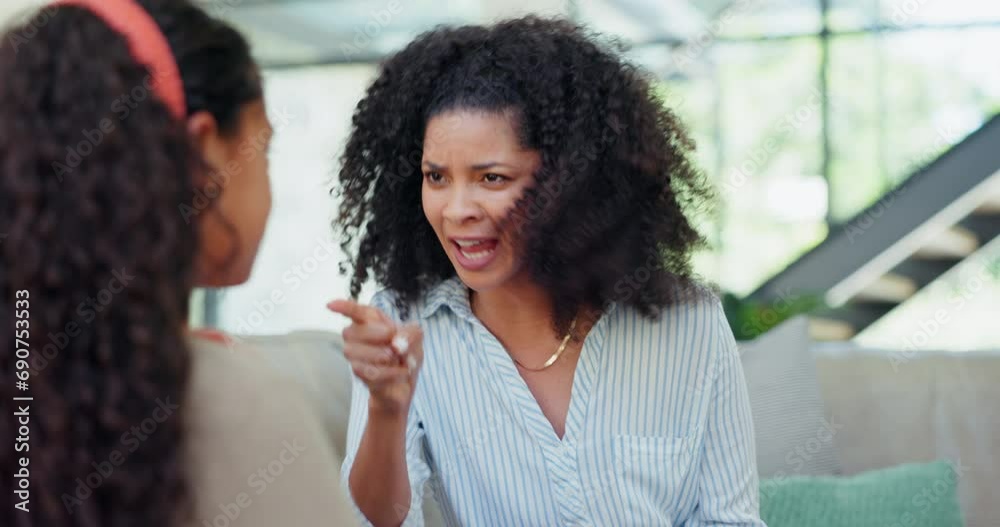 Conflict, shouting and mother and daughter on a sofa frustrated with ...