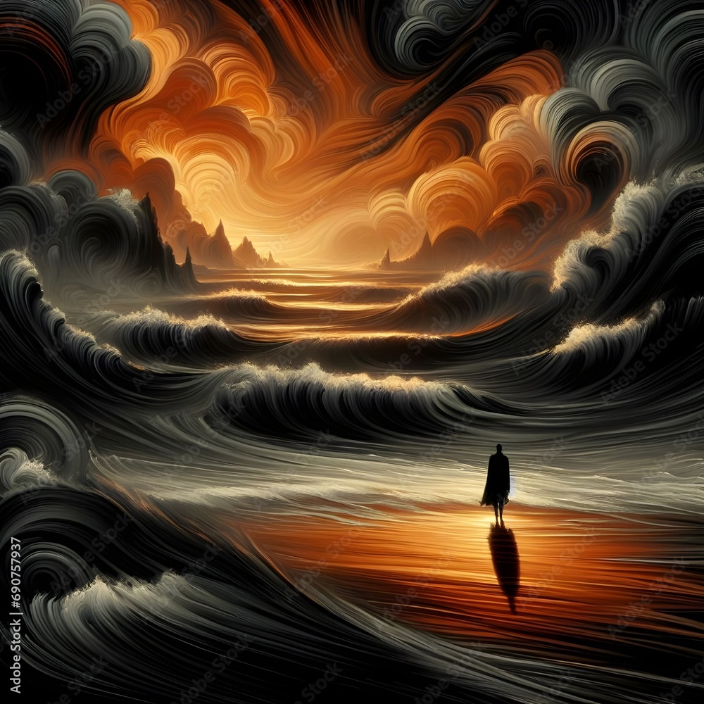 Sunset Meditation. A lone figure stands on a beach, silhouetted against ...