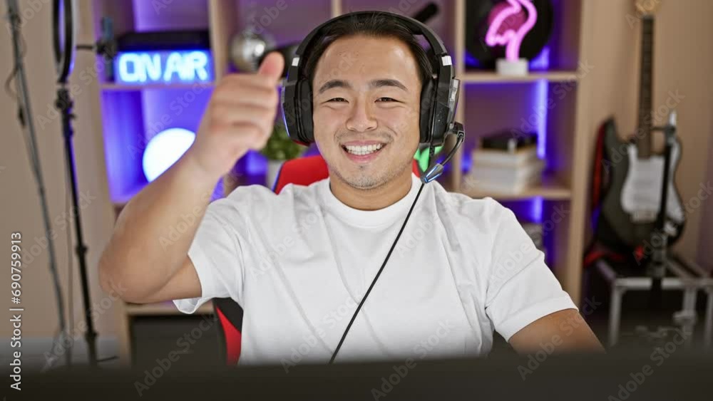 Thrilled young chinese gaming streamer playing video game in dark room ...