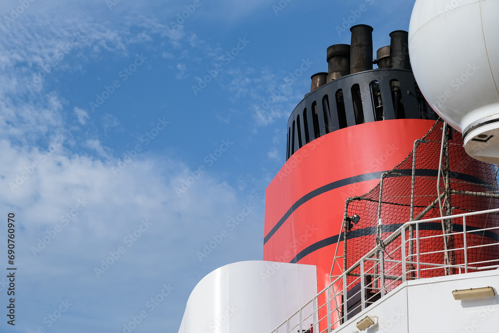 Red and black funnel of classic ocean liner cruise ship cruiseship ...