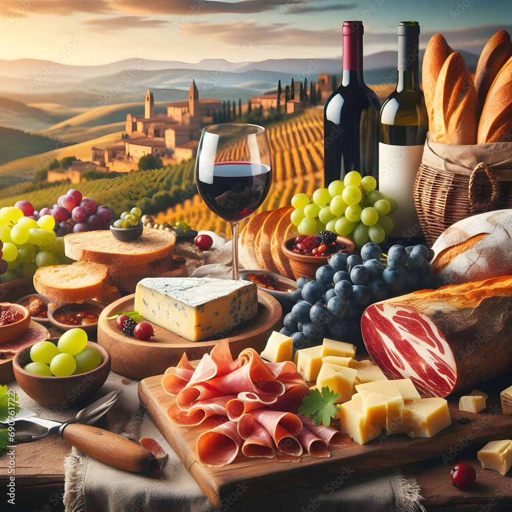 Mediterranean Banquet: A Display of Cheese, Serrano Ham and Wine ...