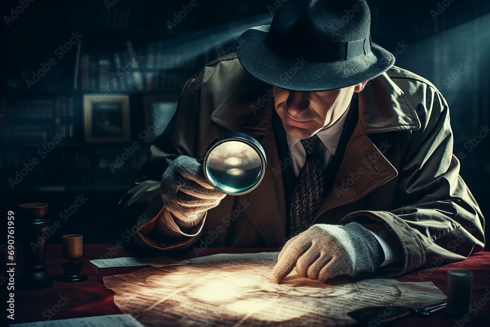 Poster Detective watching fingerprint through magnifying glass ...