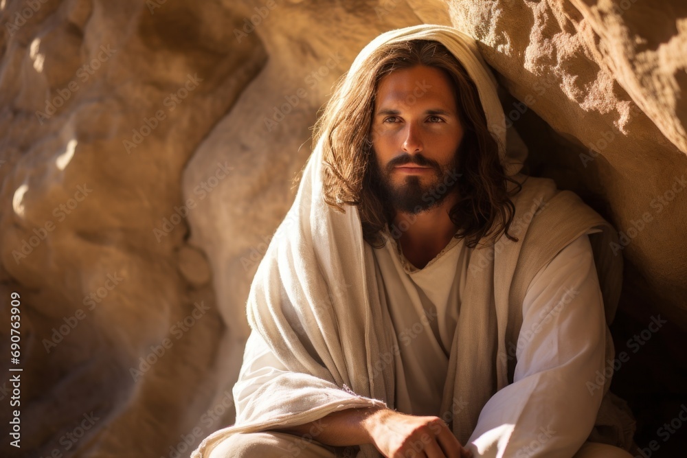 Jesus in a cave, religious belief of hope and salvation Stock Photo ...