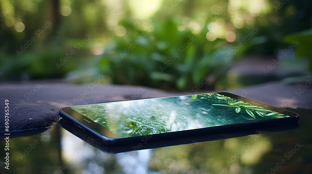 Reflections on a smartphone or tablet screen, technology background ...