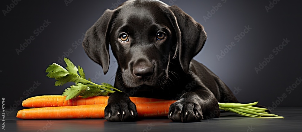 Ten week old black Labrador puppy with a carrot in front of him ...