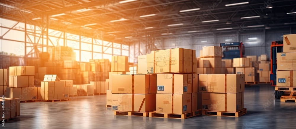 Shipment cartons box on pallets and wooden case on hand lift in ...