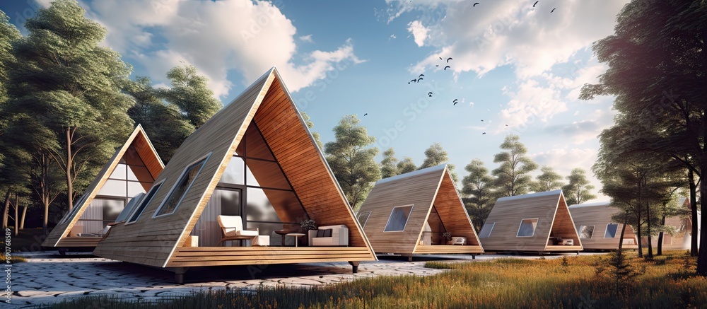 Wooden houses in a triangular summer camp summer vacation in an eco ...