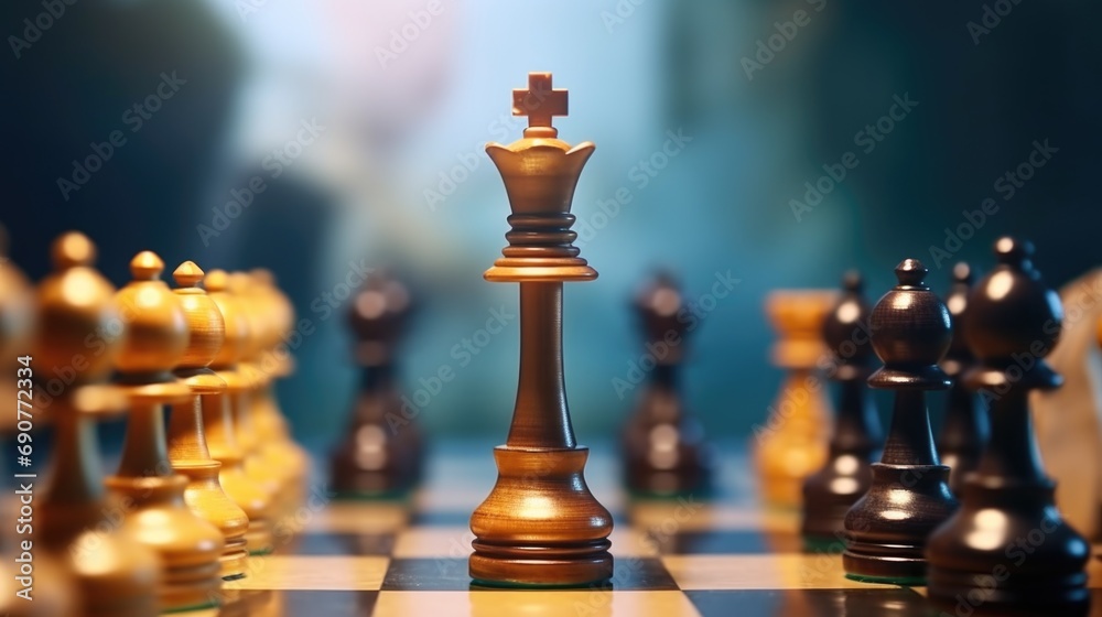 A close up view of a chess board with various chess pieces. This image ...