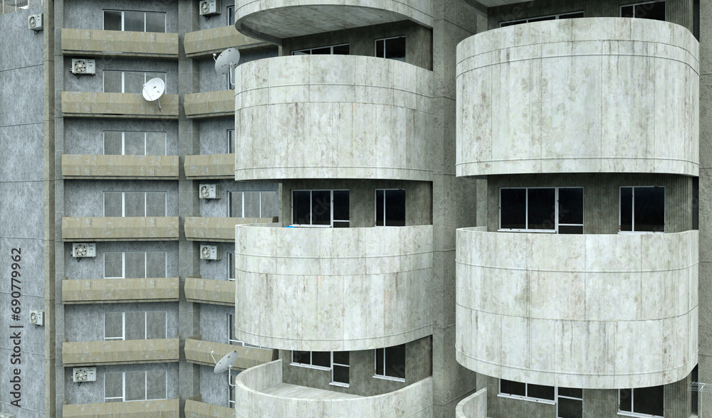 Brutalist architecture. Semicircular concrete balconies and loggias of ...