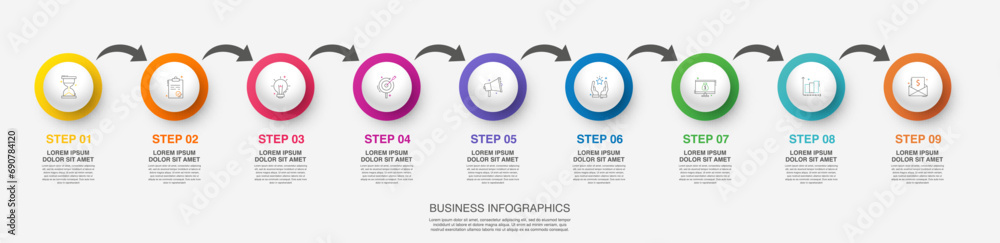 Vector modern infographic with nine circles and arrows. 3D concept ...