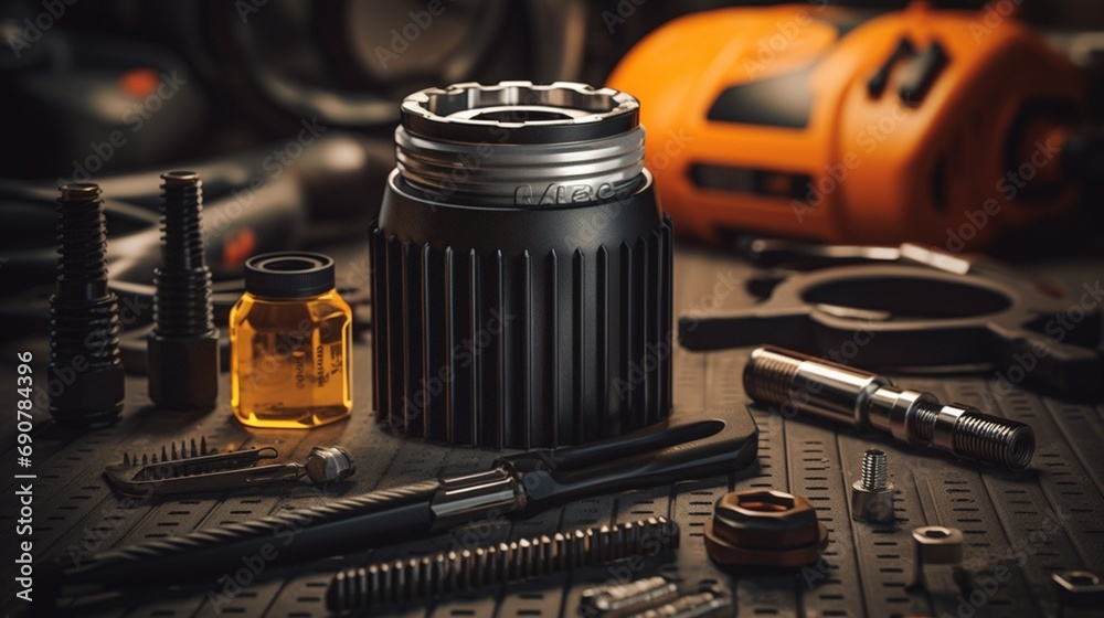 A clean oil filter juxtaposed against a backdrop of tools, the contrast ...