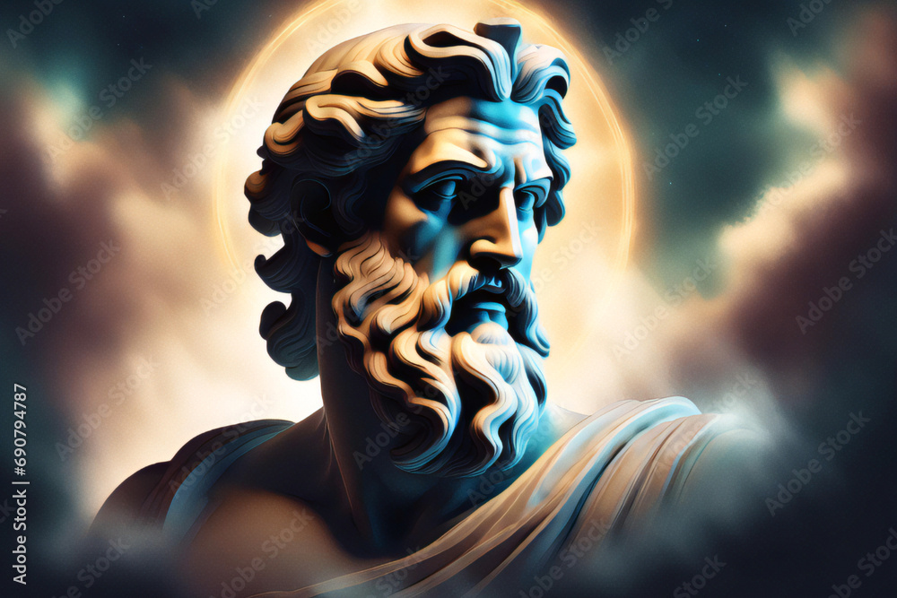 Handsome marble statue of powerful greek god Zeus over dark background ...