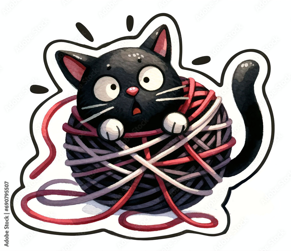 Watercolor illustration sticker with black cat tangled in a ball of ...