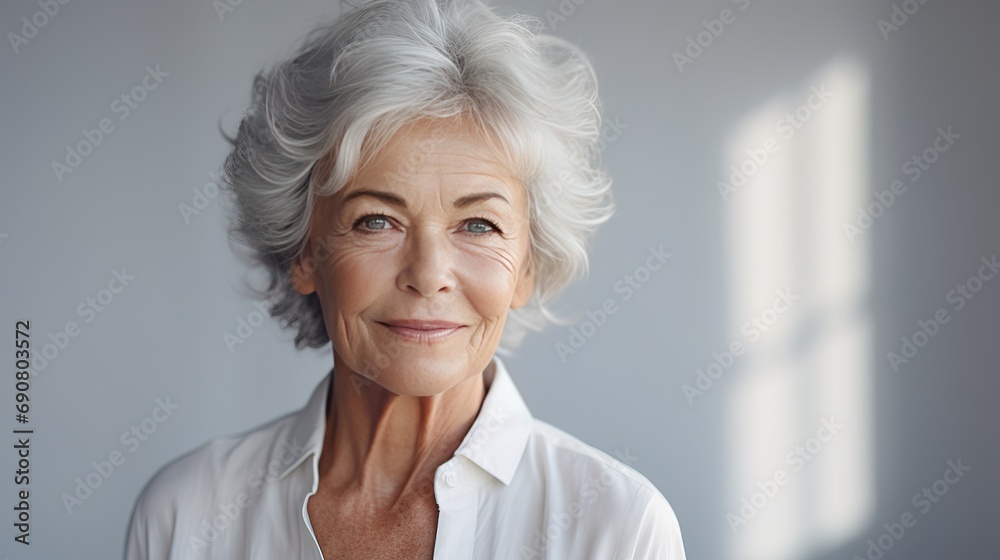 Smiling middle aged mature pensioner grey haired woman looking at ...