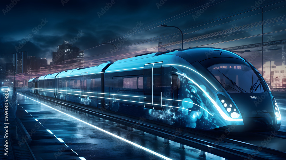 Futuristic Technology Concept: Autonomous Semi Train Drives at Night on ...