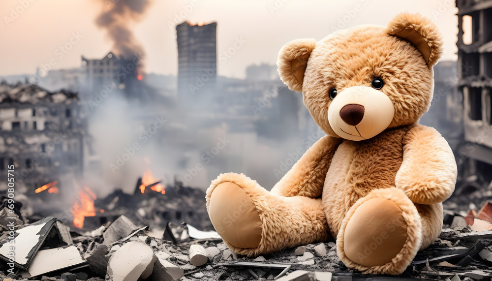 kids teddy bear toy over city burned destruction of an aftermath war ...