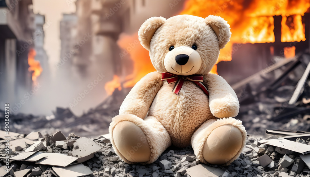kids teddy bear toy over city burned destruction of an aftermath war ...