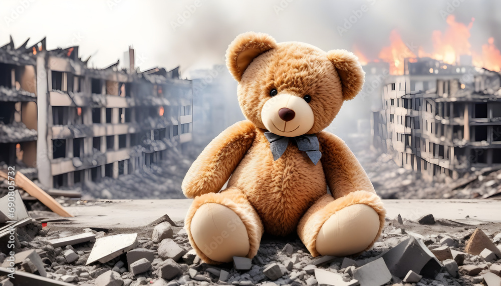 kids teddy bear toy over city burned destruction of an aftermath war ...