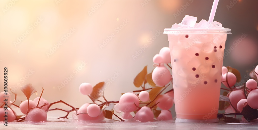 Bubble tea milkshake with fruits, dessert with tapioca balls, cold ...