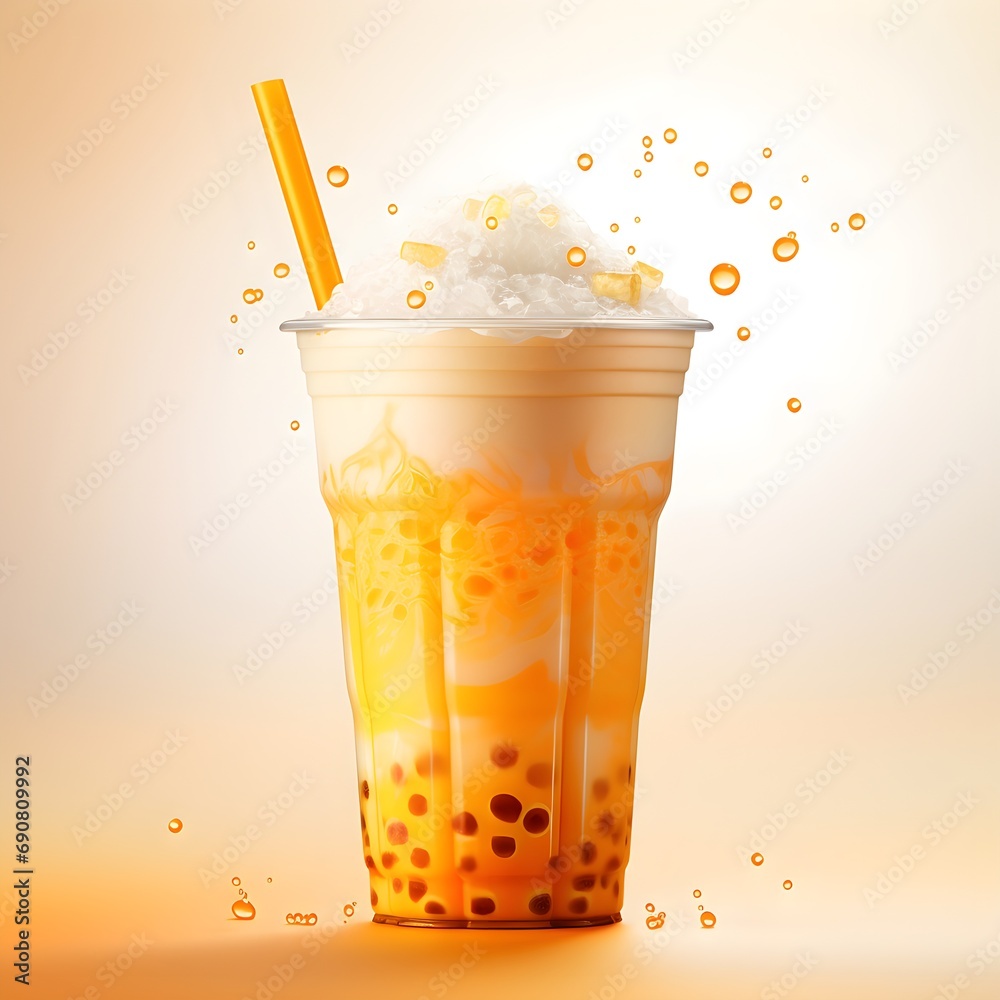 Bubble tea milkshake with fruits, dessert with tapioca balls, cold ...