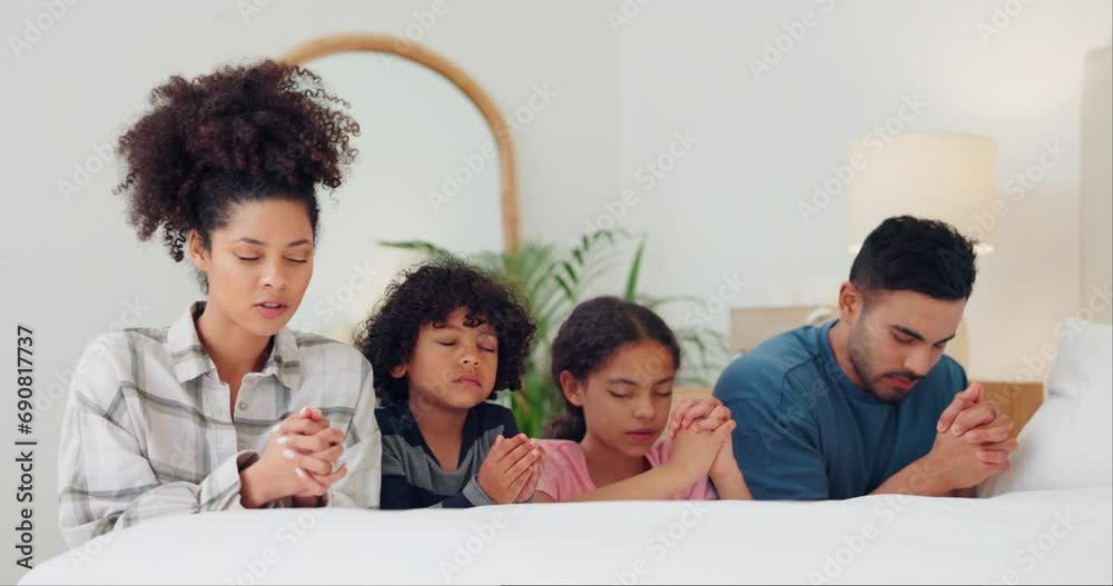 Bedroom, family and praying with faith, children or worship with God ...
