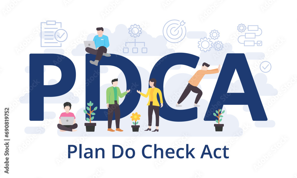 PDCA - Plan Do Check Act concept with big word text acronym and team ...